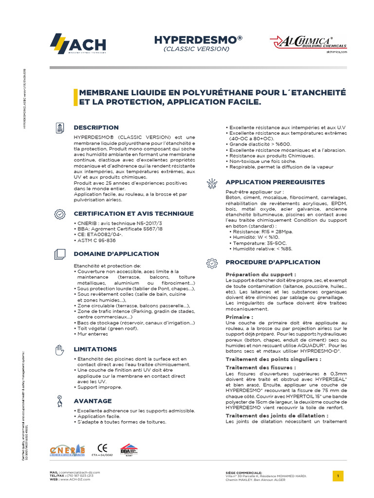 Hyperdesmo Classic : Étanchéité Polyuréthane | PDF | Processus industriels | Ingénierie civile