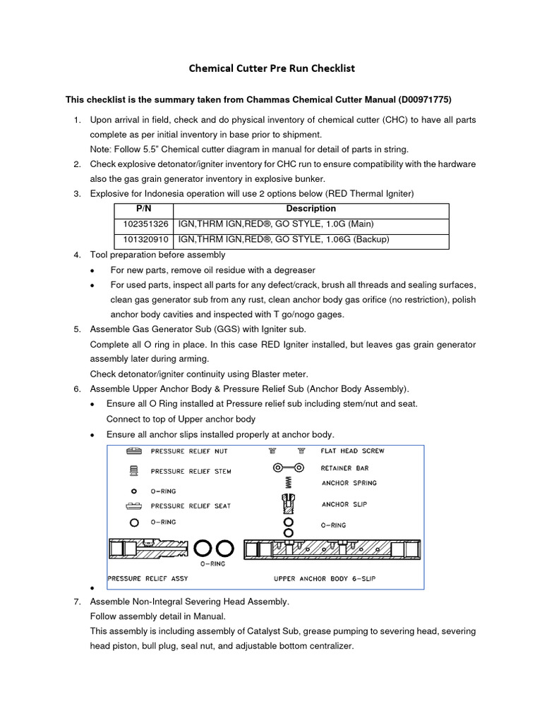 Chemical Cutter Pre Run Checklist | PDF
