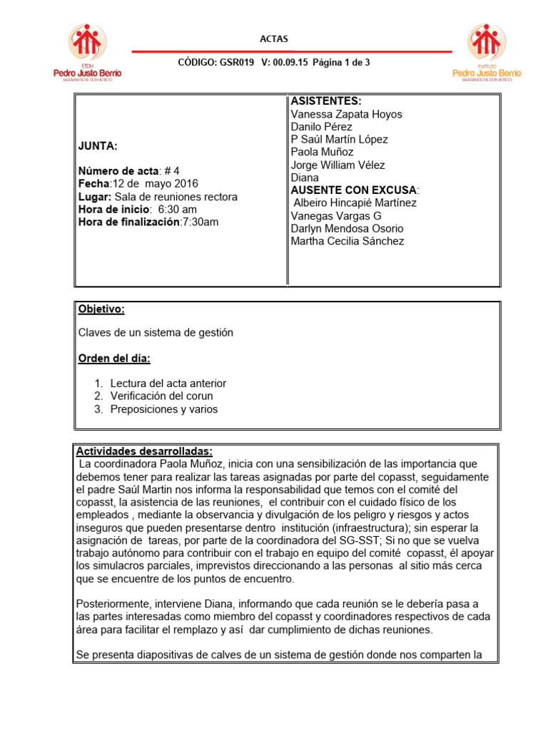 Acta #4 | PDF | Higiene Ocupacional | Higiene