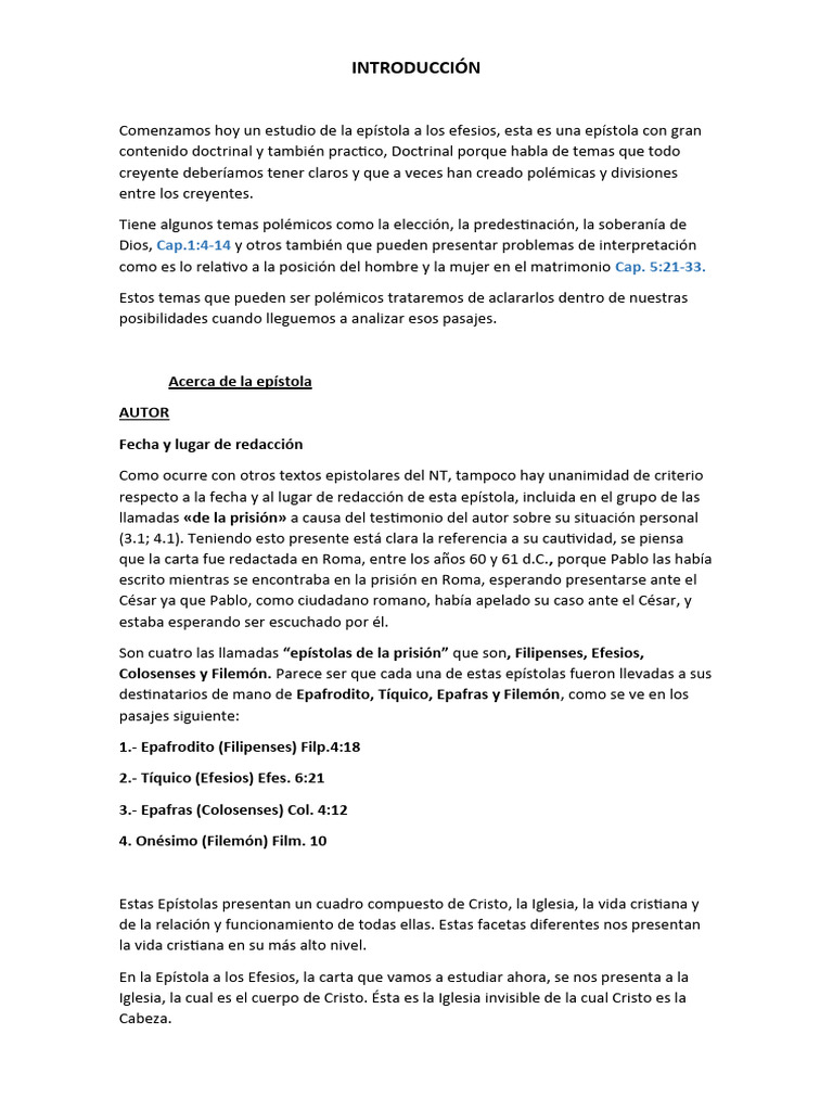 Elistola A Los Efesios Introducción. | PDF