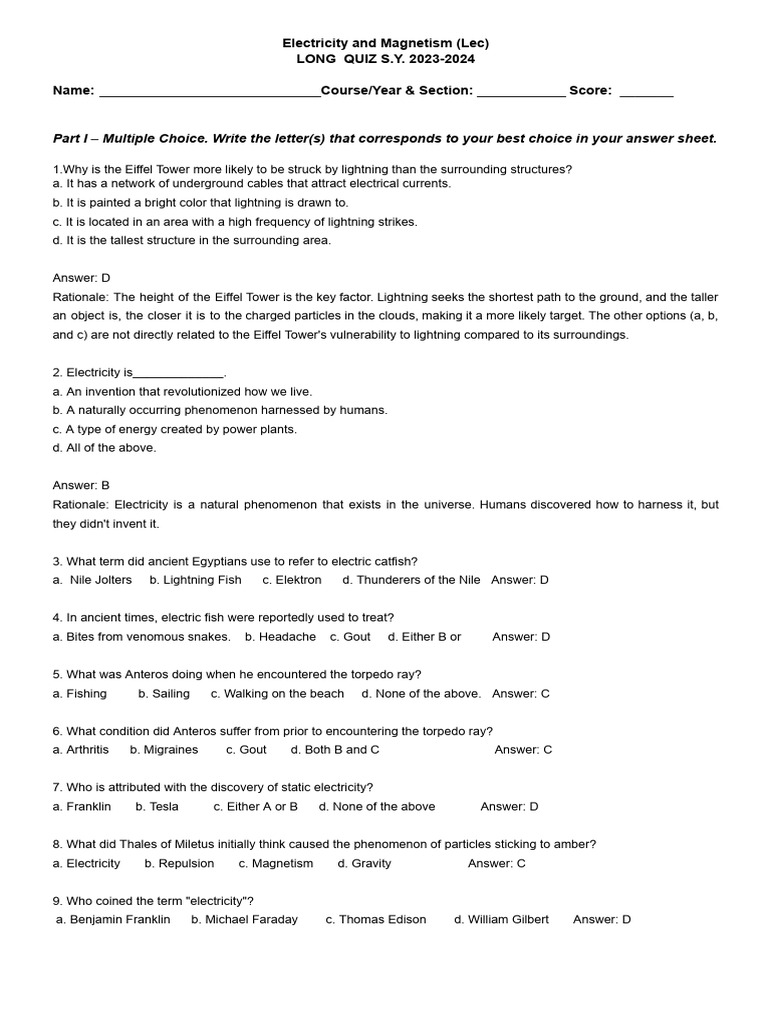 Long Quiz Electricity and Magnetism Answer Key | PDF | Electric Charge ...