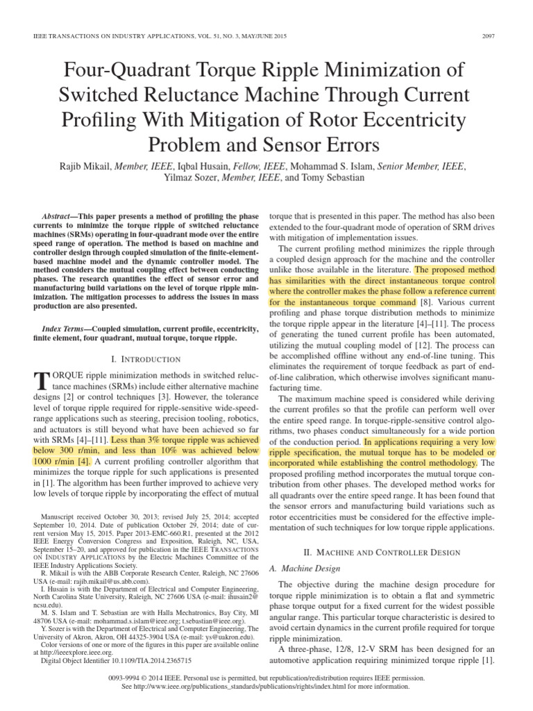 2015 - Four Quadrant Torque Ripple Minimization of SRM Through Current Profiling With Mitigation ...