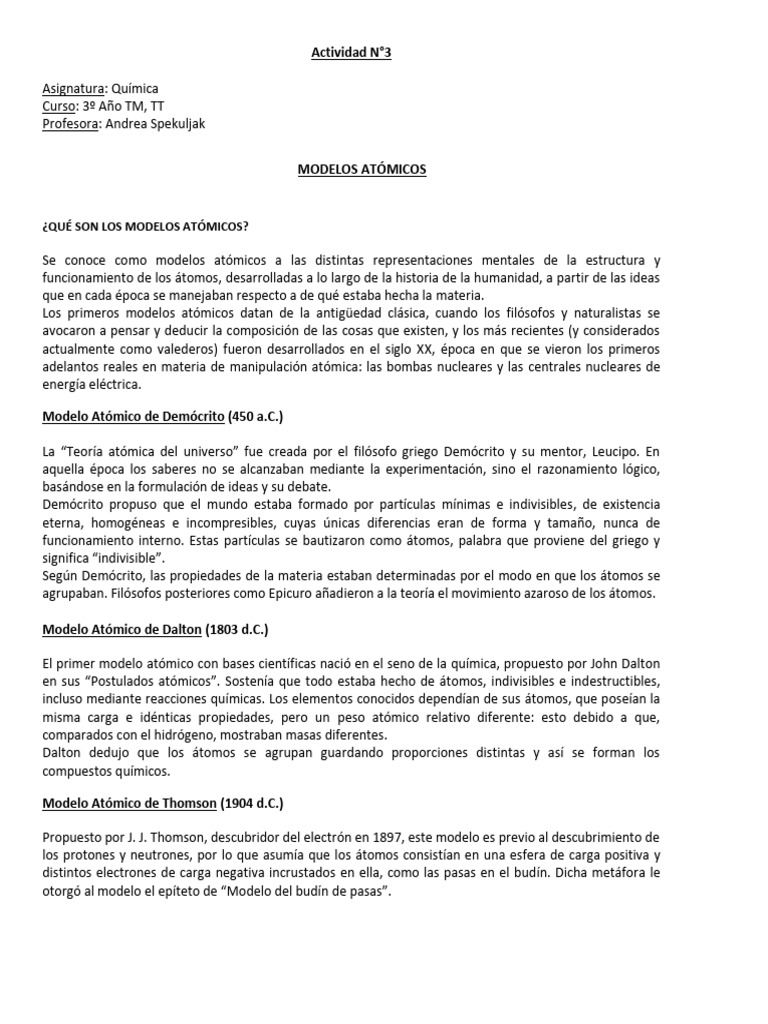 Actividad N1 Modelos Atómicos | PDF | Átomos | Núcleo atómico