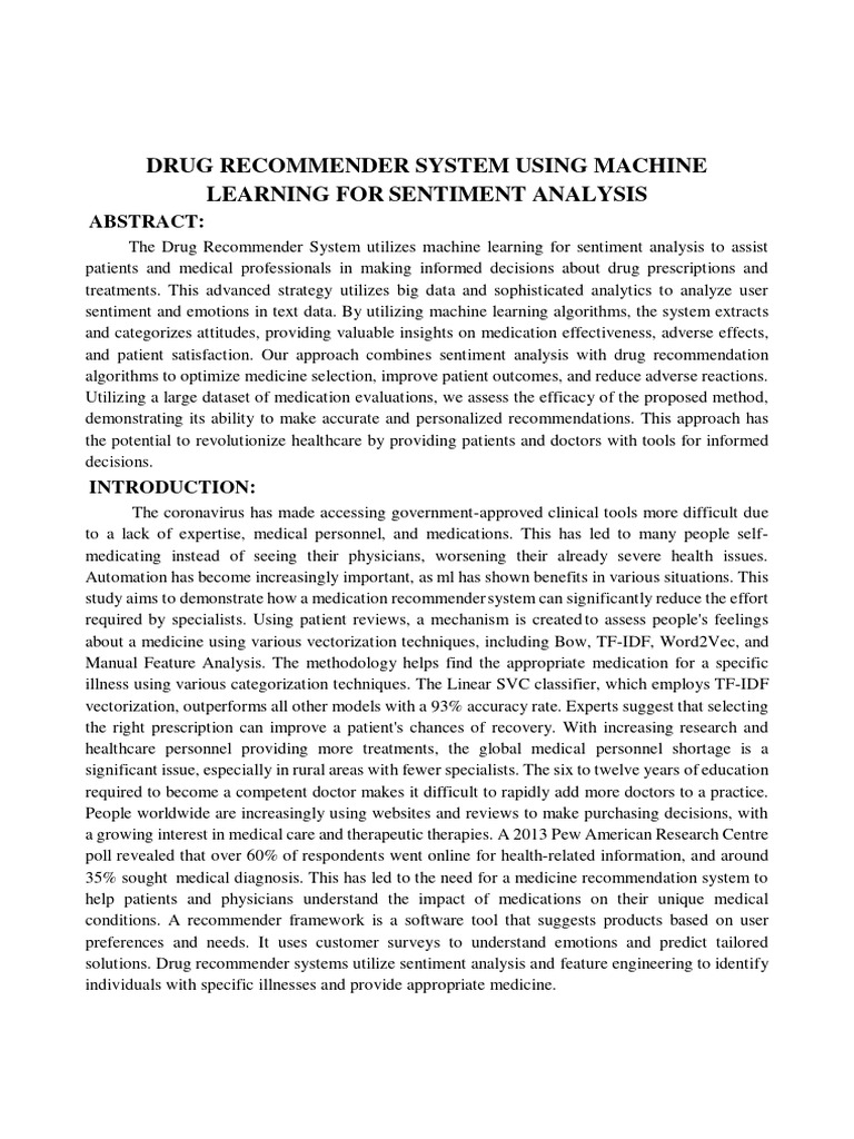 Drug Recommender System Using Machine Learning For Sentiment Analysis ...
