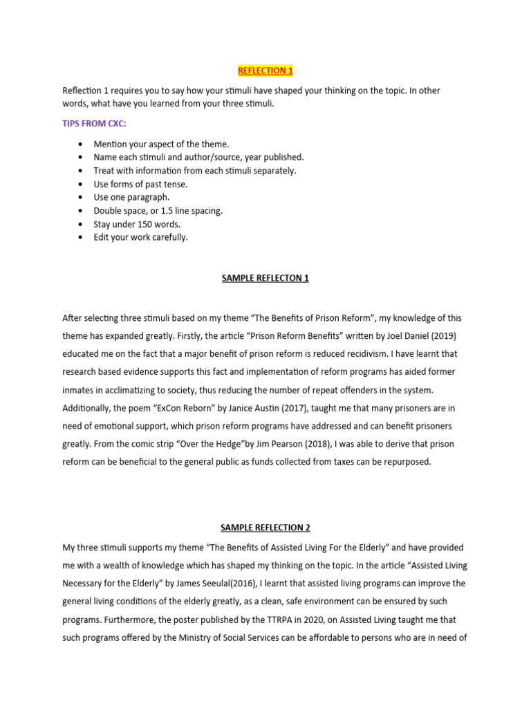 Csec English Sba Reflection 1 Notes and Samples | PDF