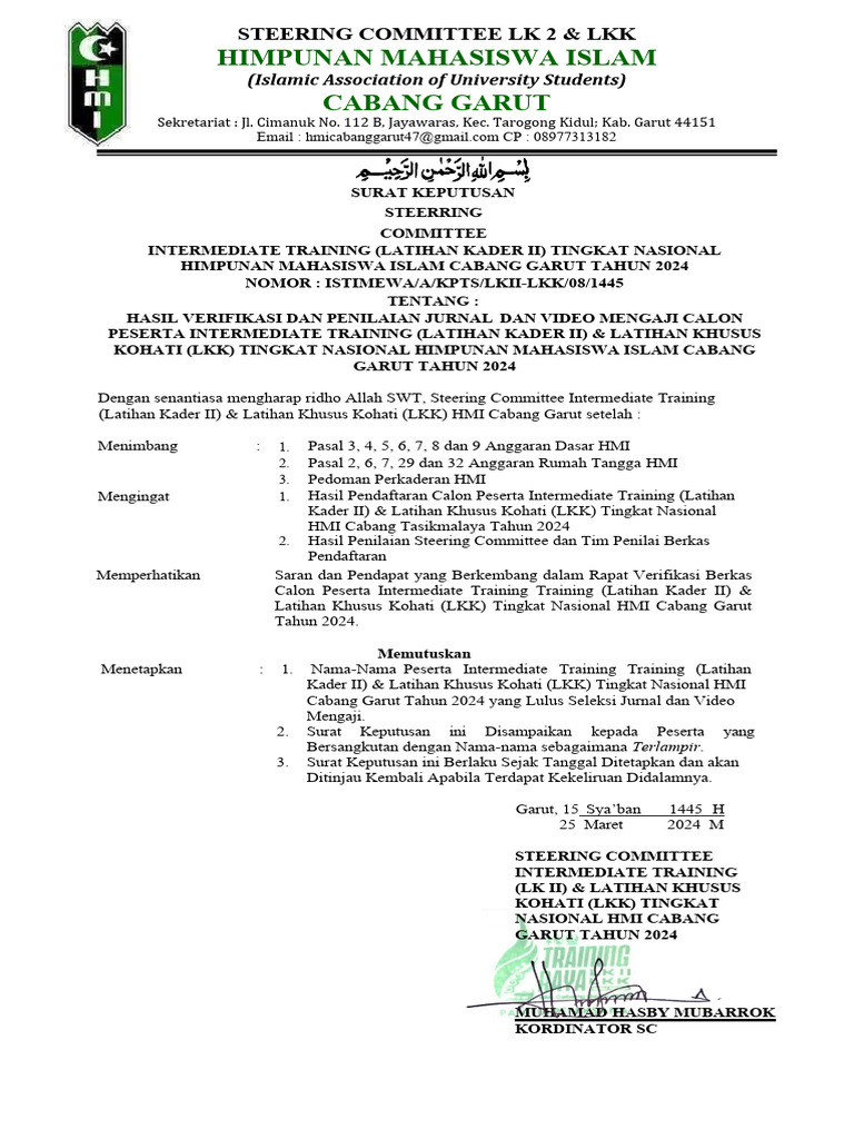 SK Kelulusan Peserta LK2 & LKK Tingkat Nasional HMI Cabang Garut Tahun ... SK Kelulusan Peserta LK2 & LKK Tingkat Nasional HMI Cabang Garut Tahun ...