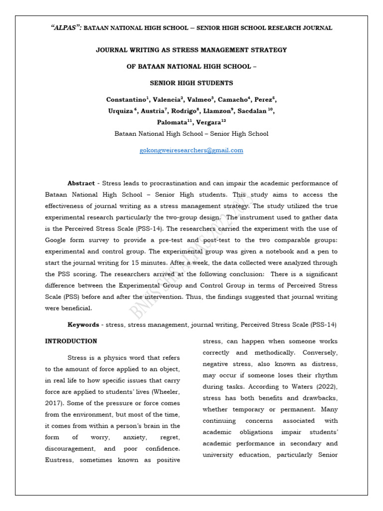 Journal Writing As Stress Management Strategy of Bataan National High School Senior High ...