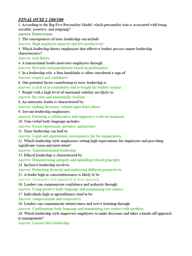 Final Exam - Leadership | PDF | Leadership | Decision Making