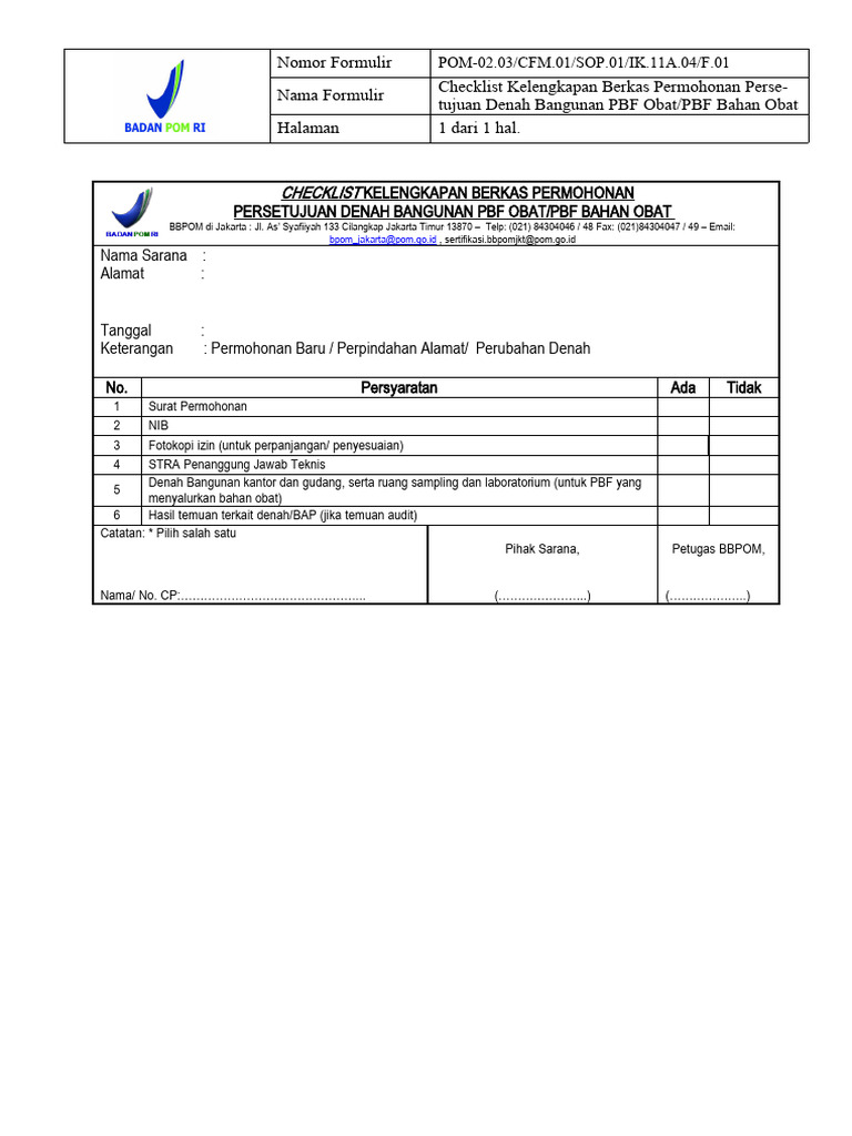 Checklist Persetujuan Denah Bangunan PBF PBF Bahan Baku | PDF