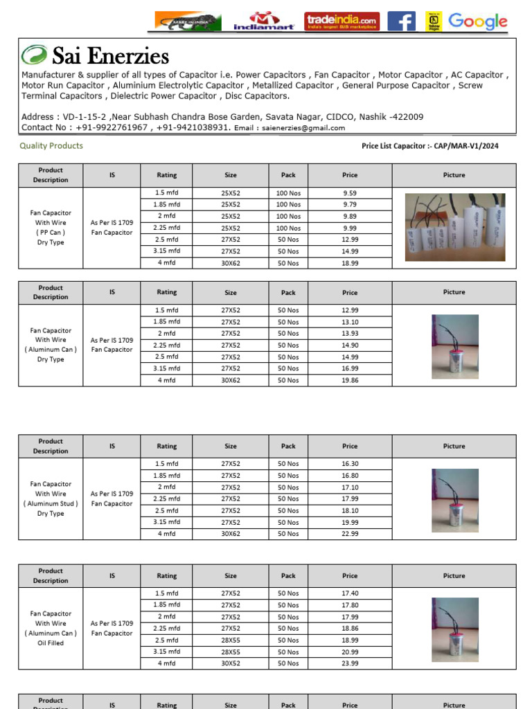 Sai Enerzies Capacitor Rate Card - MAR 2024 V1 (Capacitor) | PDF ...