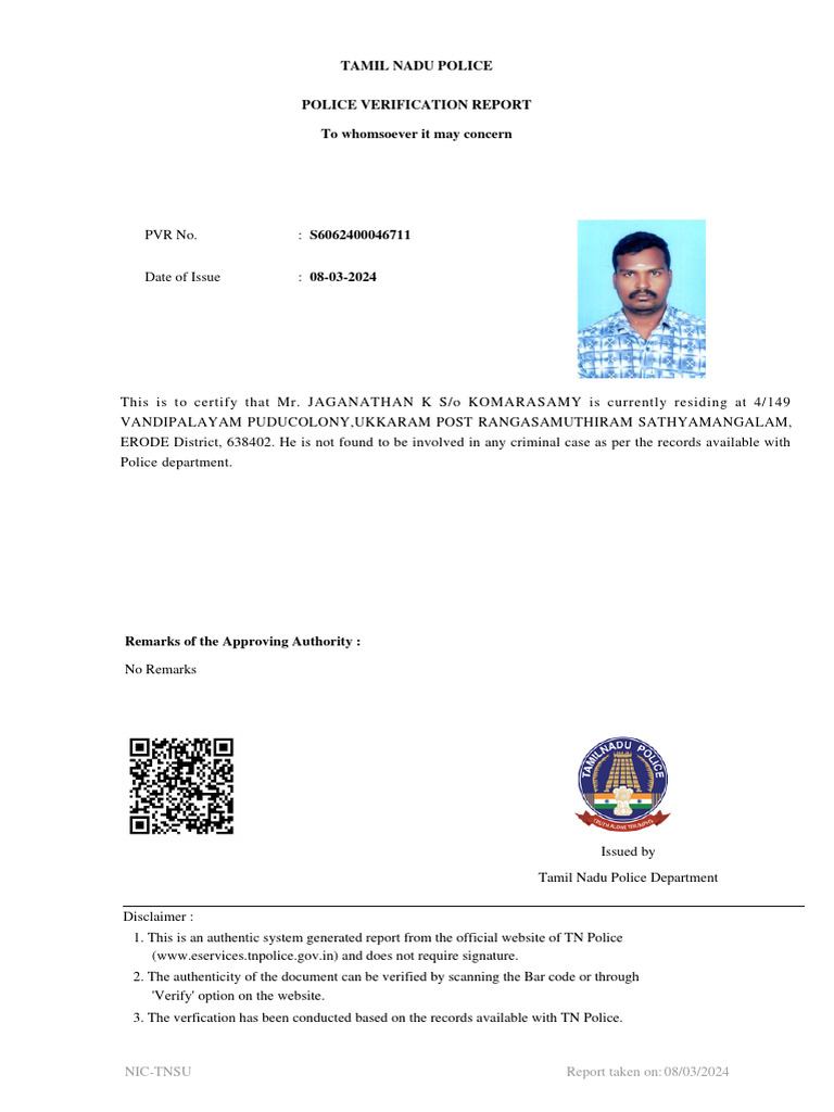 Tamil Nadu Police Verification Report | PDF