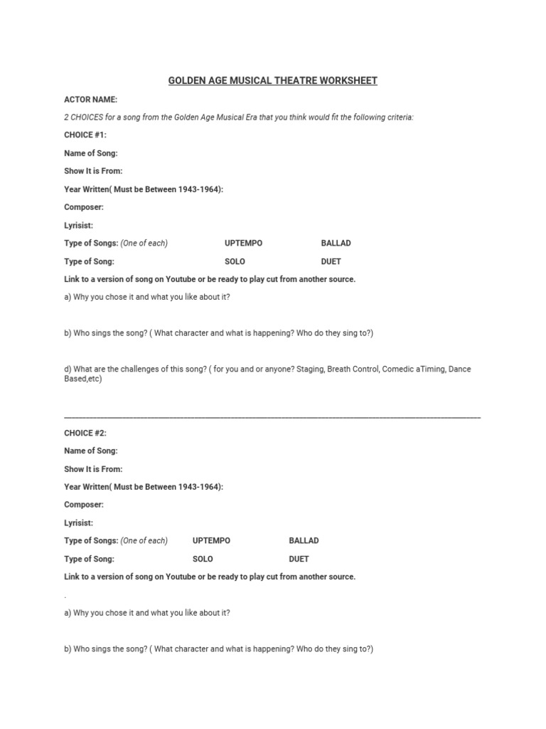 Golden Age Musical Theatre Worksheet | PDF