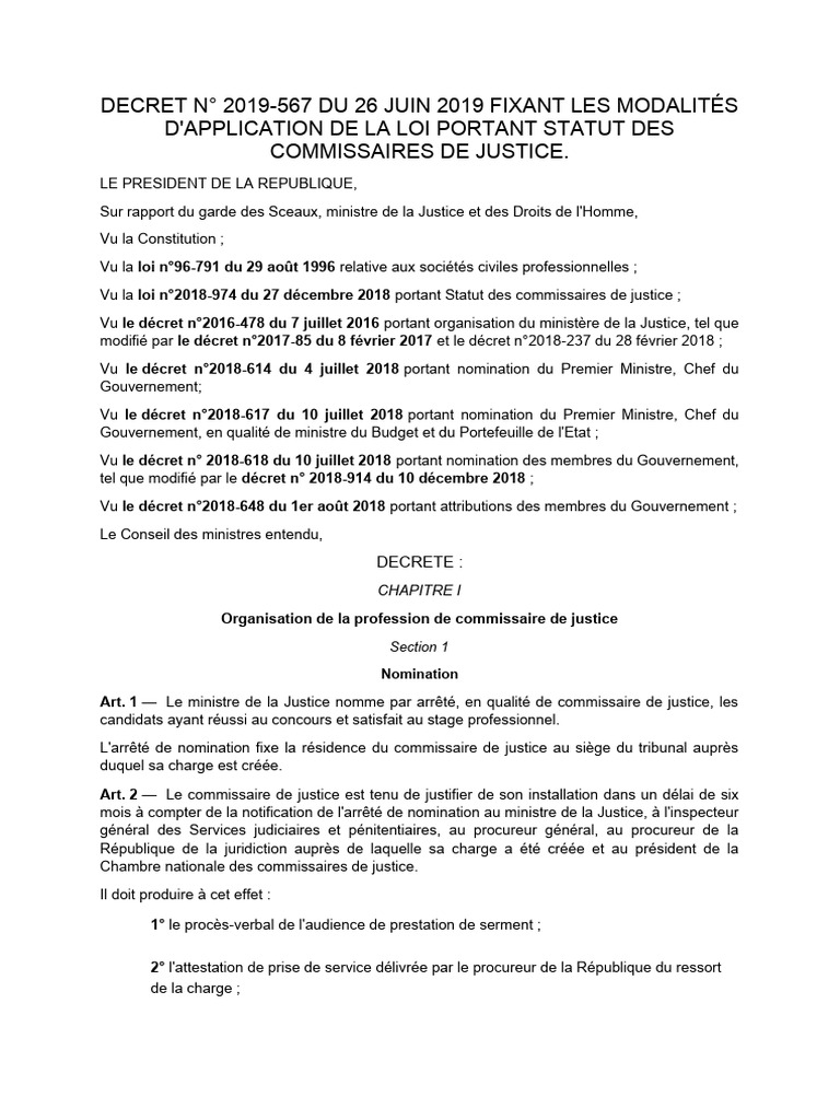 DECRET 219-567 Du 26 Juin 2019 Relative Aux Commissaires de Justice | PDF | Magistrat | Justice