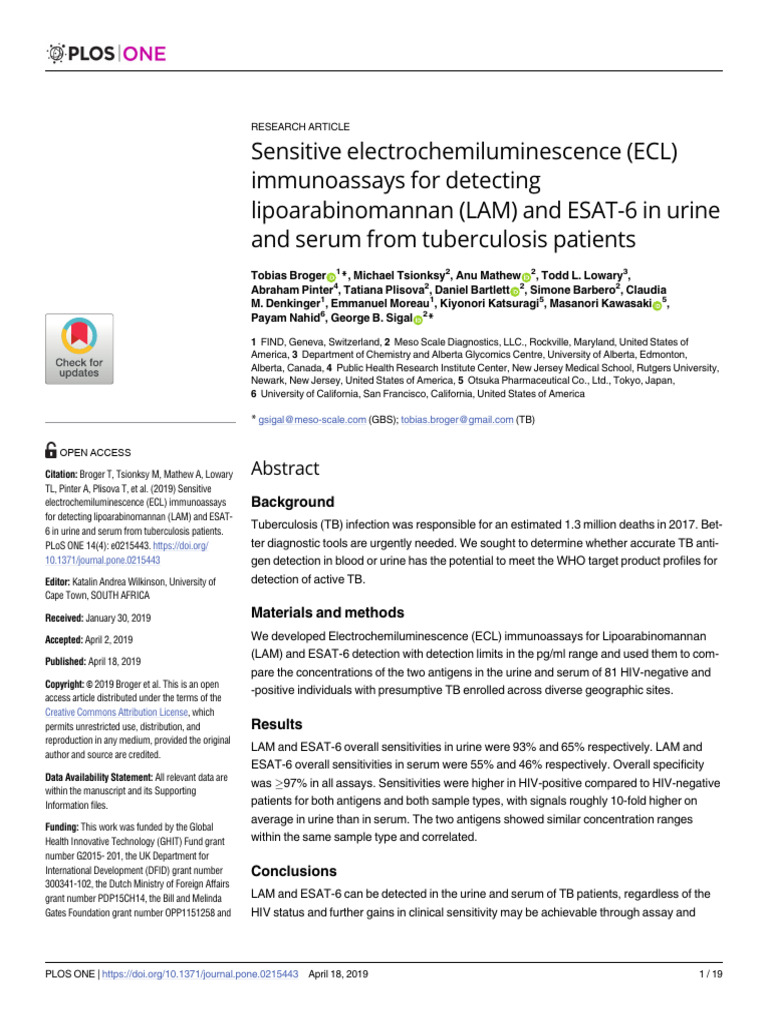 Sensitive Electrochemiluminescence (ECL) Immunoassays For Detecting Lipoarabinomannan (LAM) and ...