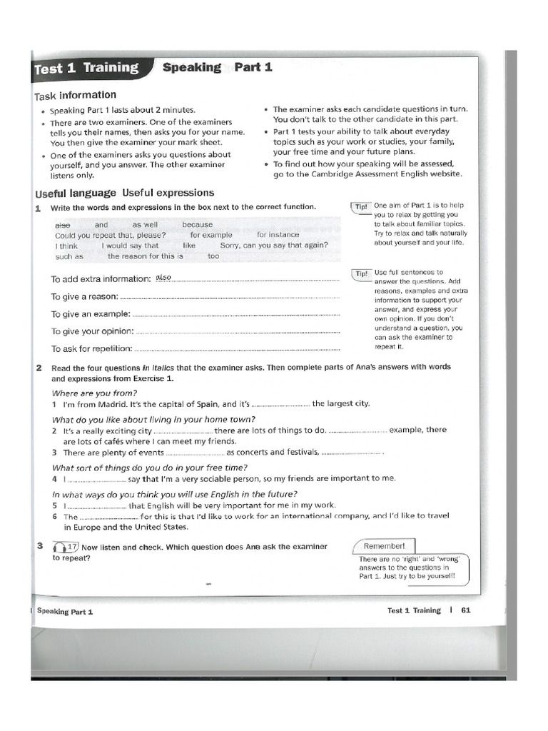 First SPEAKING PART 1 AND 2 Exercises | PDF