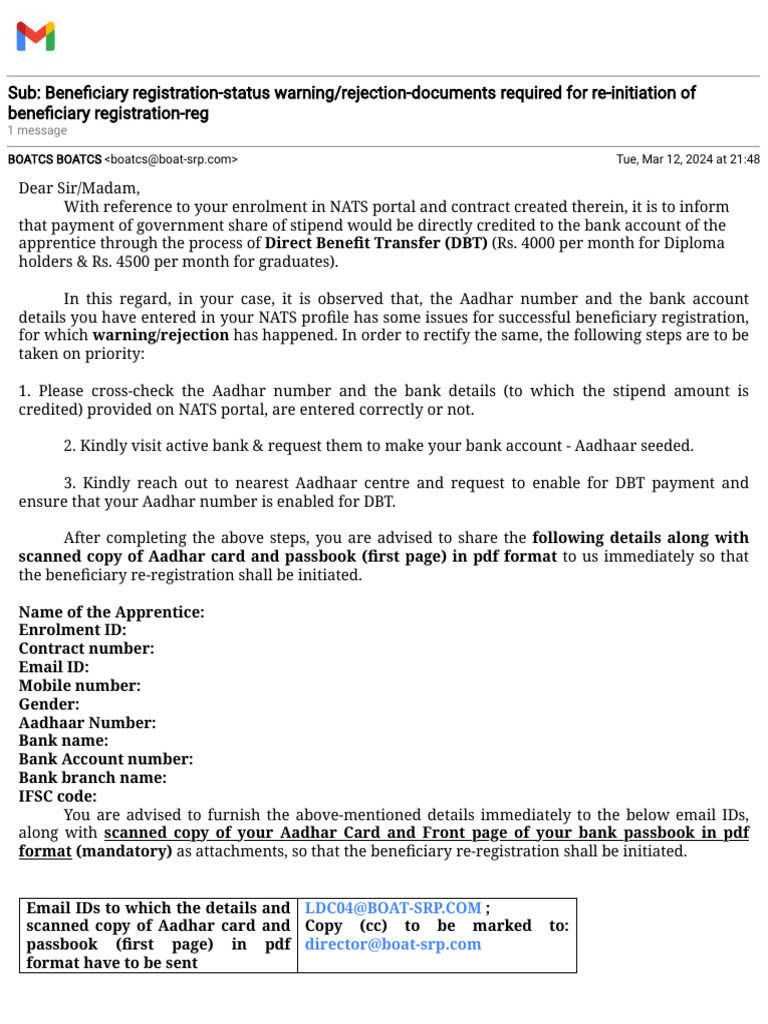 Gmail - Sub - Beneficiary Registration-Status Warning - Rejection-Documents Required For Re ...