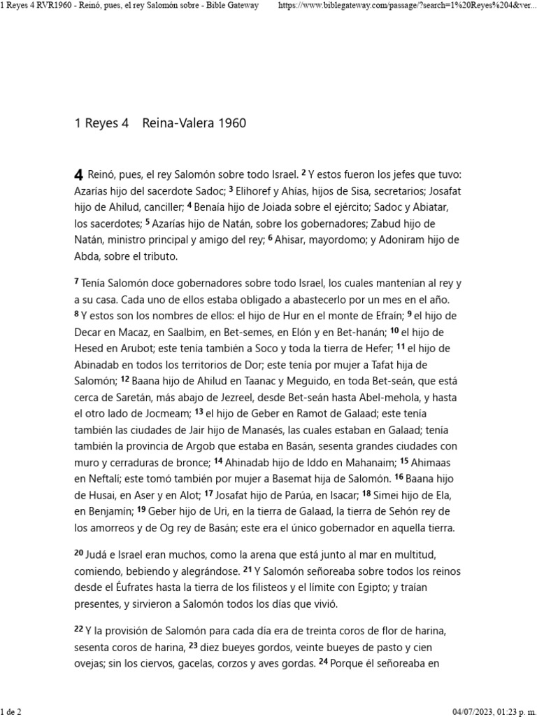 1 Reyes 4 RVR1960 - Reinó, Pues, El Rey Salomón Sobre - Bible | PDF ...