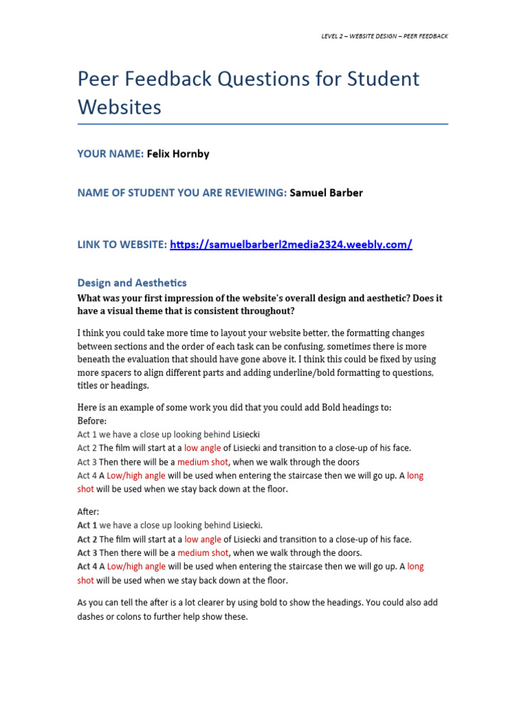 Peer Feedback Questions For Student Websites For Sam | PDF | Web Design ...
