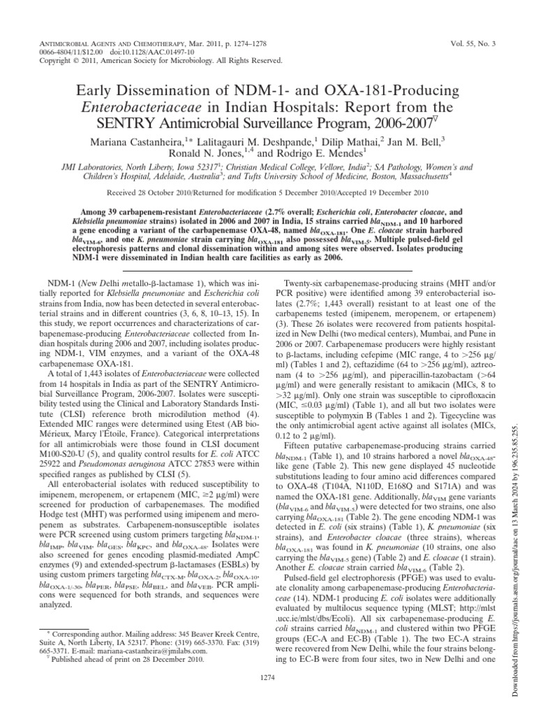Castanheira Et Al 2011 Early Dissemination of NDM 1 and Oxa 181 Producing Enterobacteriaceae in ...