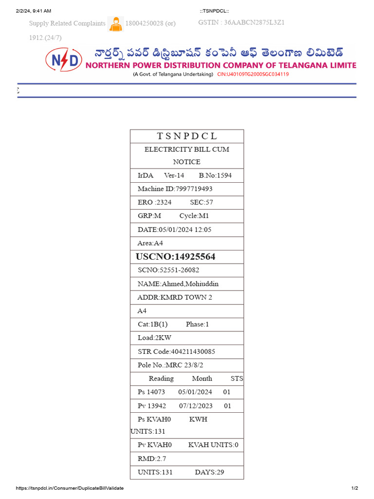 TSNPDCL Electricity Bill Details | PDF | Physical Quantities | Nature
