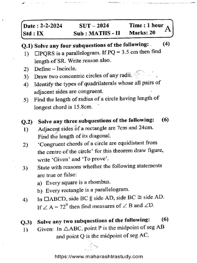 MH Board Class 9 Mathematics 2 Set A 030224 Feb 2024 | PDF