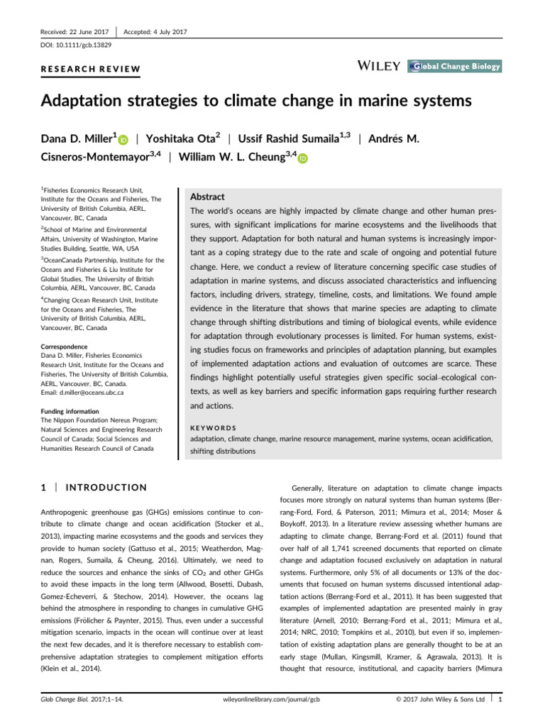 Miller Et Al. 2017. Adaptation Strategies To Climate Change in Marine Systems | PDF | Climate ...
