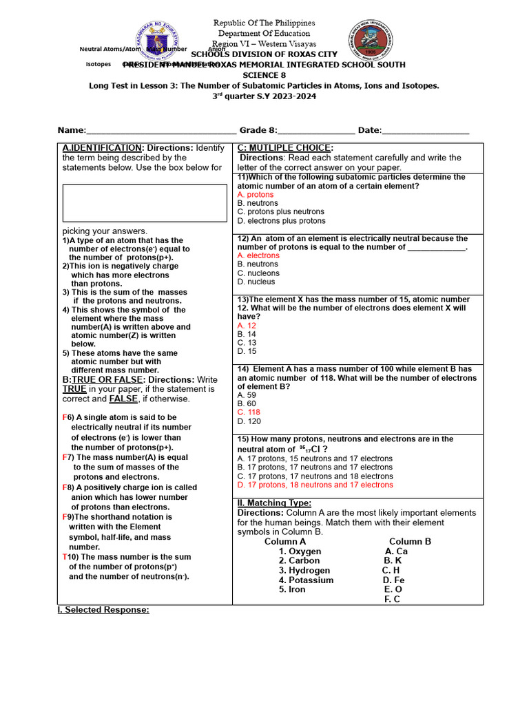 Proposed Summative Test (Grade 8) | PDF | Proton | Atoms