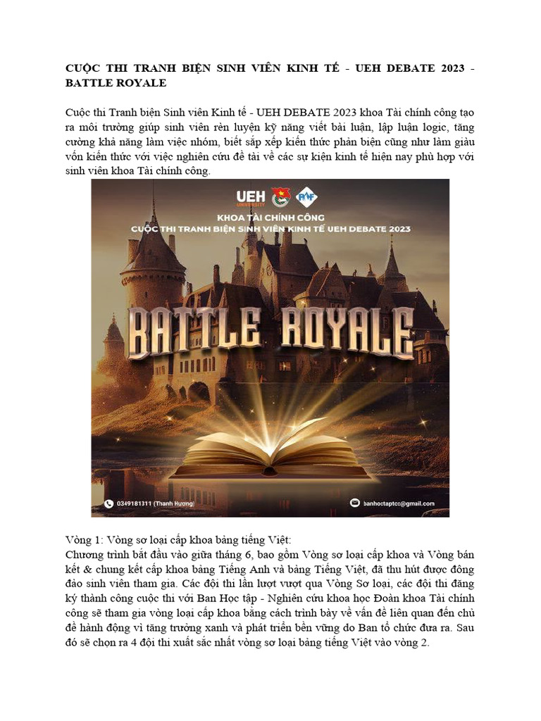 CUỘC THI TRANH BIỆN SINH VIÊN KINH TẾ - UEH DEBATE 2023 - BATTLE ROYALE | PDF