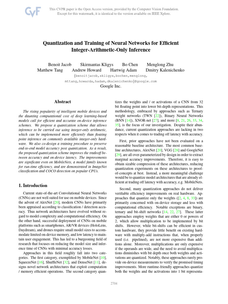 Jacob Quantization And Training Pdf Integer Computer Science