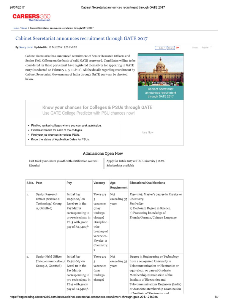 Cabinet Secretariat Announces Recruitment Through GATE 2017 | PDF