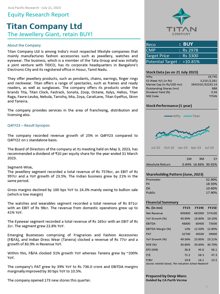 Equity Research Report On Titan Company LTD | PDF | Corporations | Trade