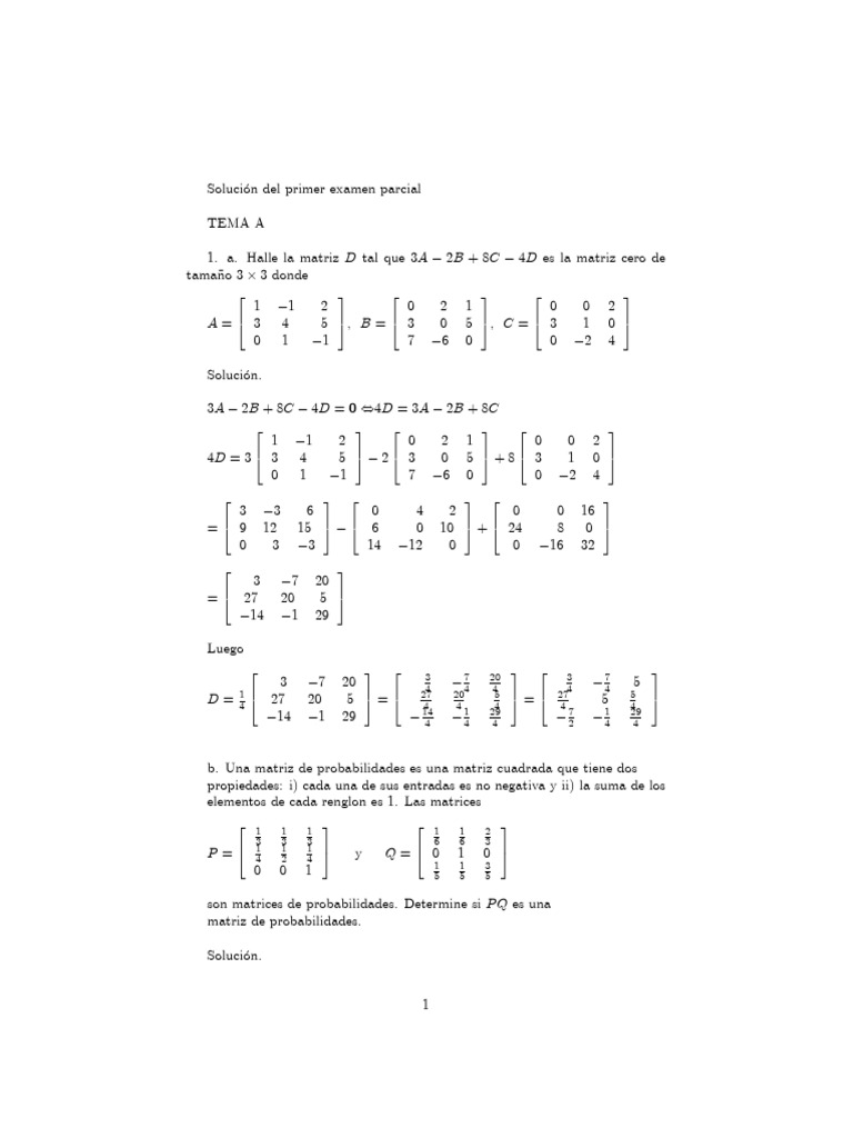 Solución Del Primer Examen Parcial Tema A | PDF | Matriz (Matemáticas) | Objetos matemáticos