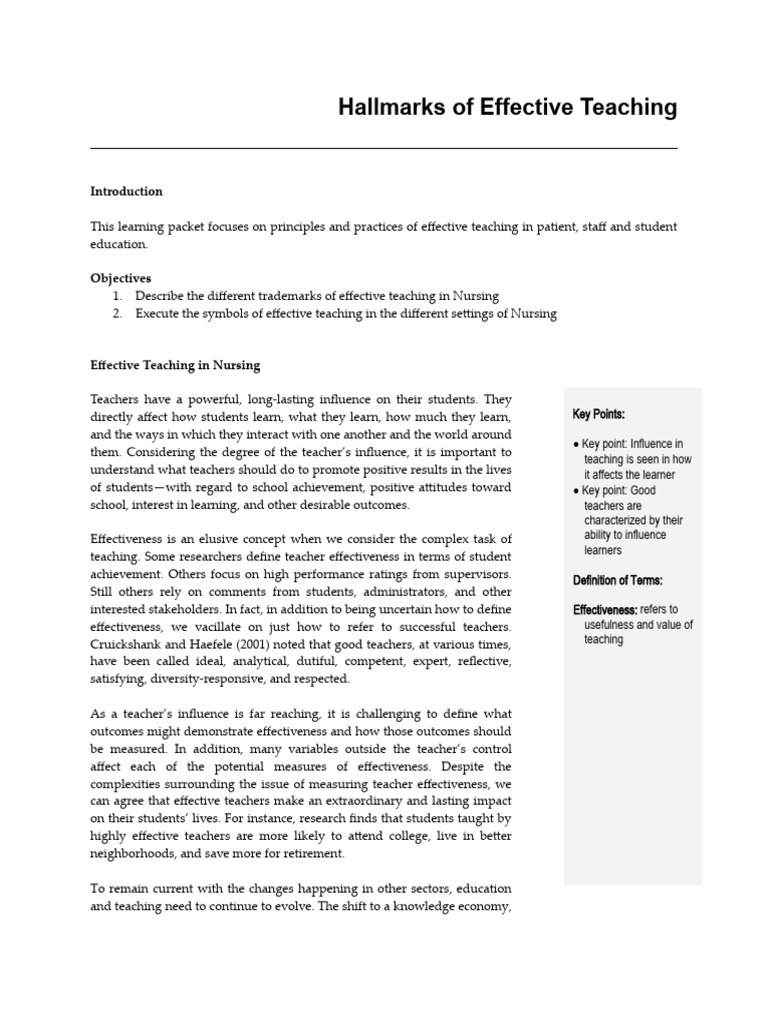 Hallmarks of Effective Teaching | PDF | Teachers | Learning