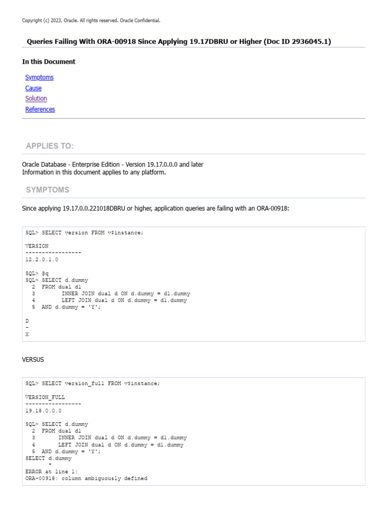 Applies To:: Queries Failing With ORA-00918 Since Applying 19.17DBRU or Higher (Doc ID 2936045.1 ...