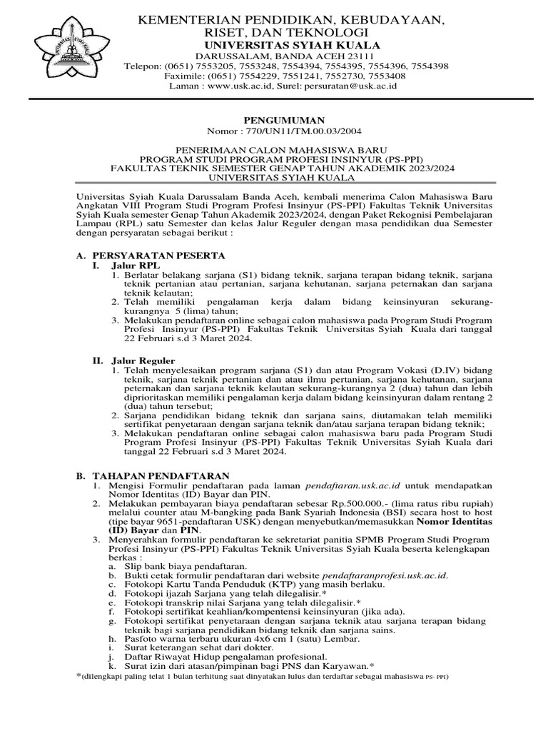 Pendaftaran Mahasiswa Baru PS-PPI USK 2024 | PDF