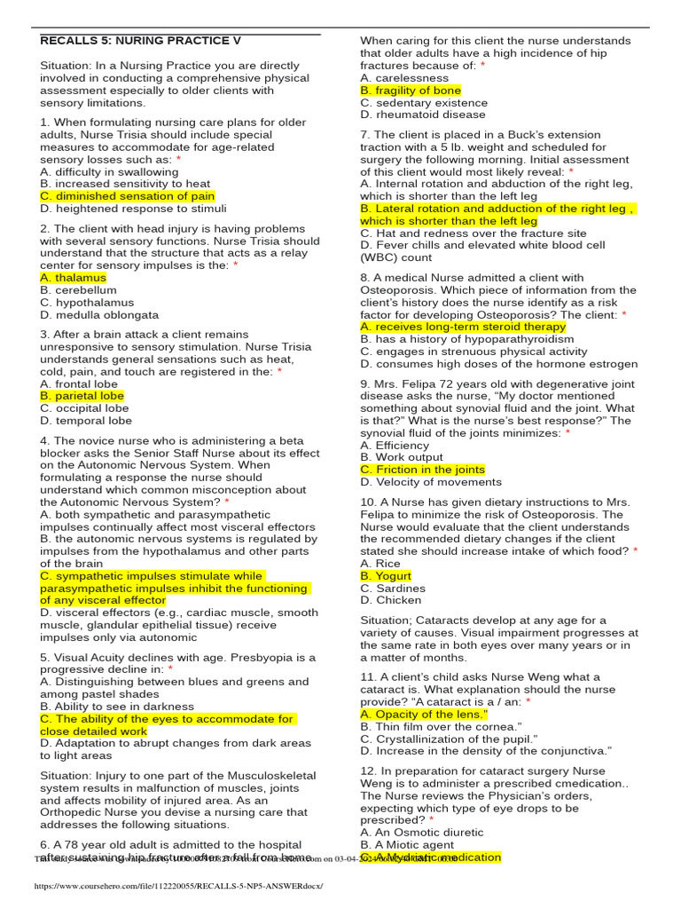 Recalls 5 NP5 Answer | PDF | Dementia | Autonomic Nervous System