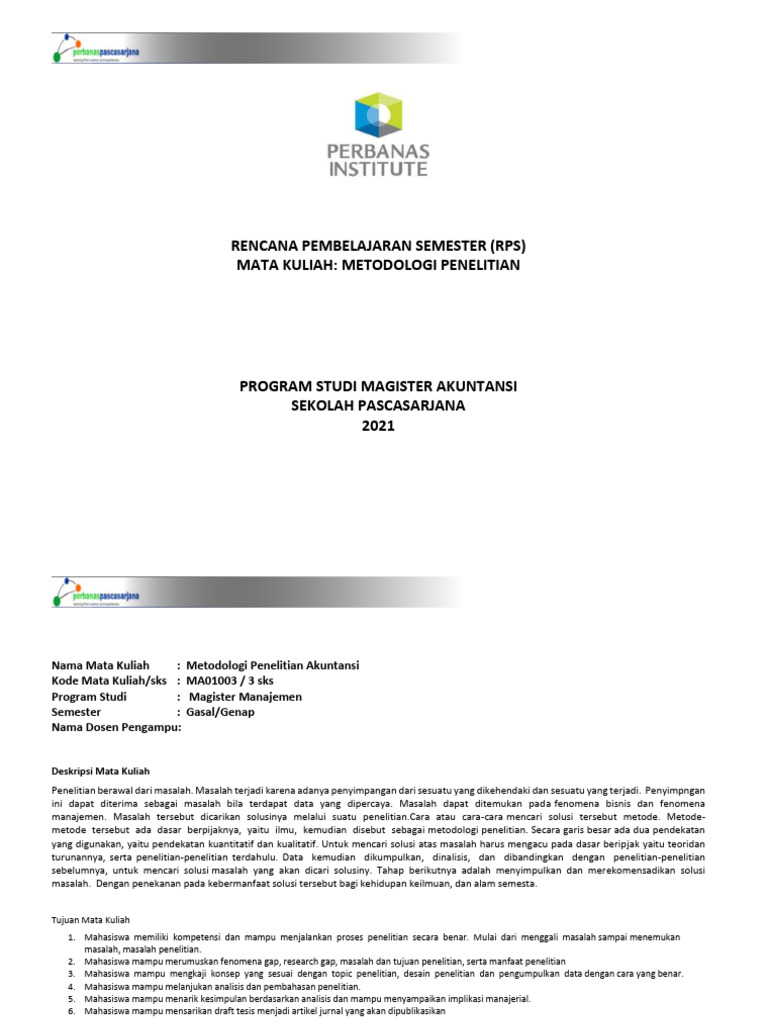 RPS Metodologi Penelitian Akuntansi | PDF | Karier & Perkembangan | Seni