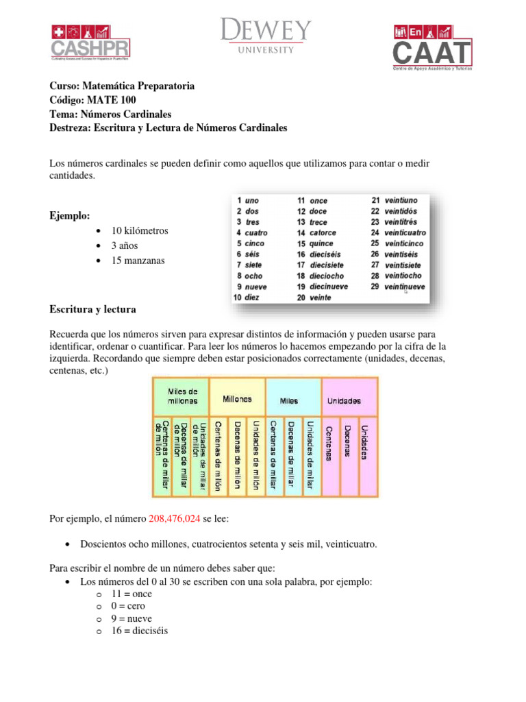 Escritura y Lectura de Números Cardinales | PDF | Artes del Lenguaje y ...