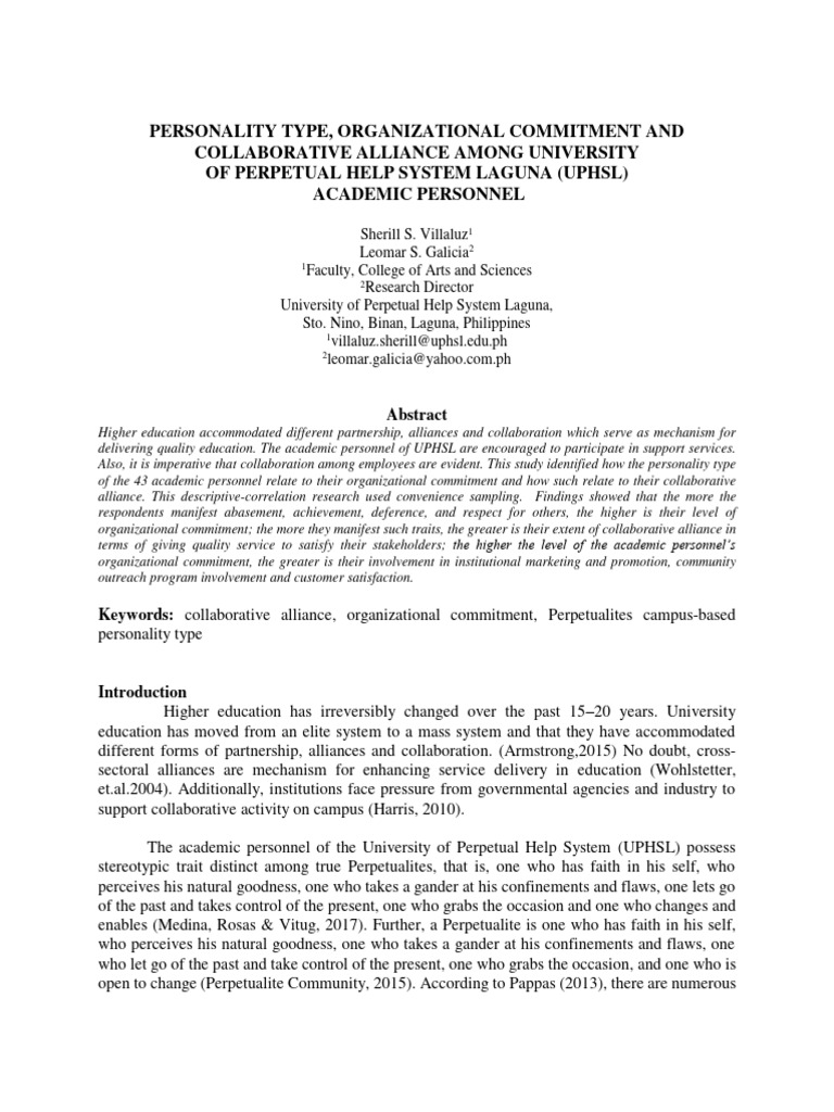 Personality, Commitment, and Collaboration at UPHSL | PDF | Cronbach's ...