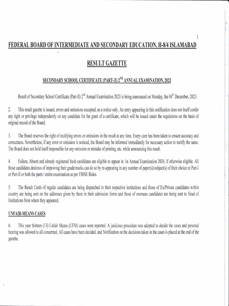 FBISE Result Gazette SSC II 2nd Annual 2023 | PDF