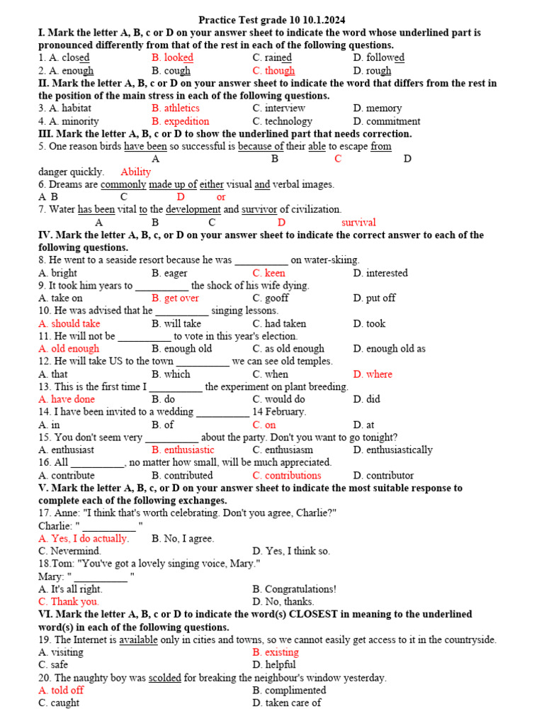 Practice Test Grade 10 10.1.2024 | PDF