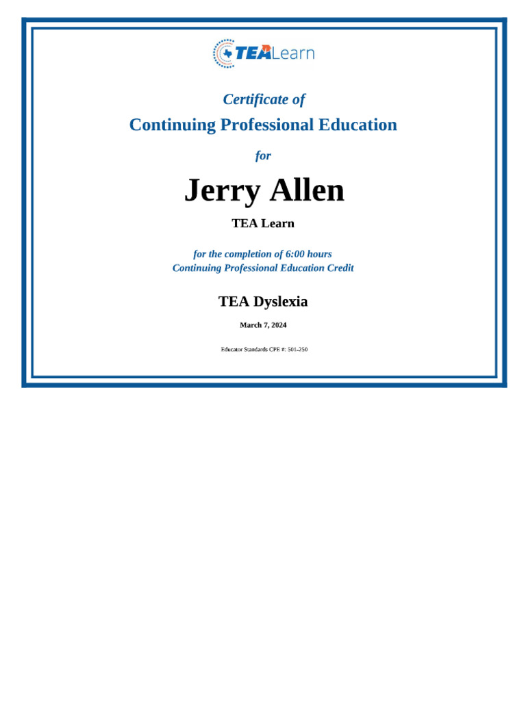 TW Tea Dyslexia Certificate | PDF