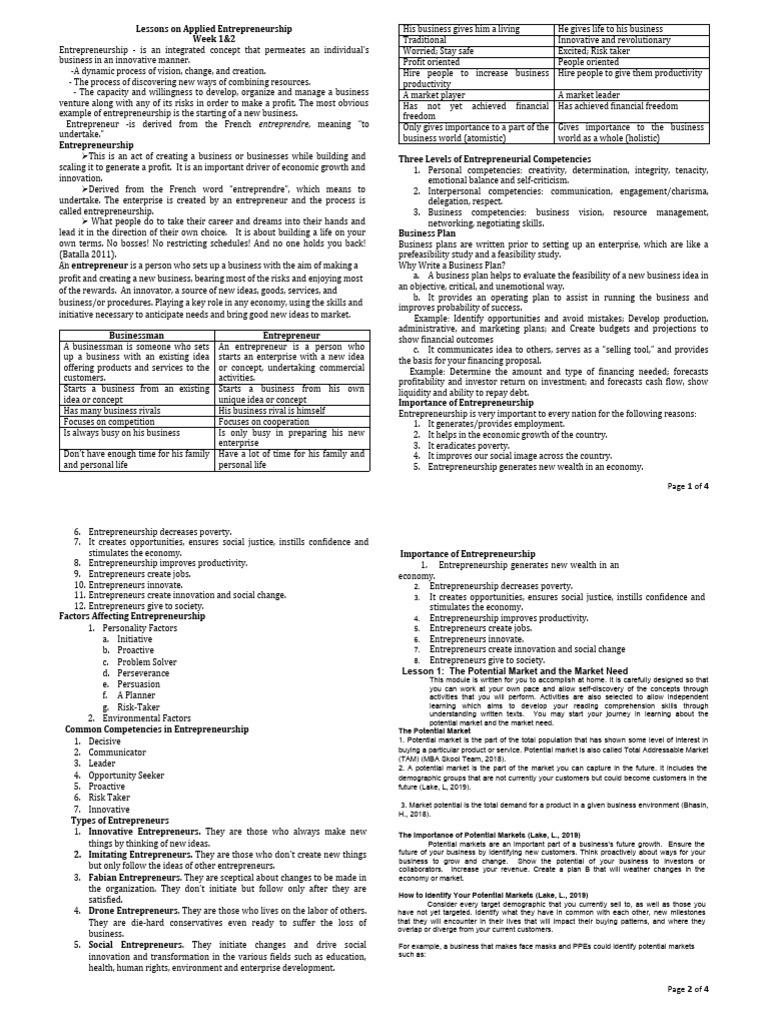 Week 1 2 Pdf Entrepreneurship Market Economics 