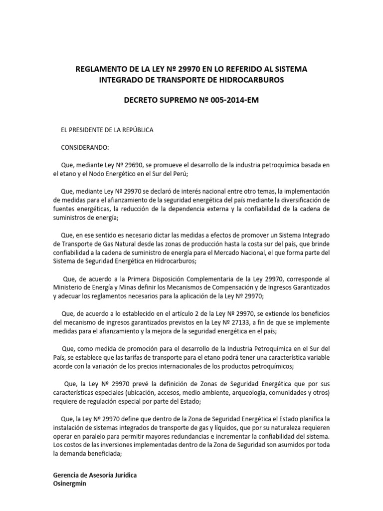 Reglamento Ley #29970 Al Sistema Integrado de Transporte - Ds-005-2014-Em | Descargar gratis PDF ...