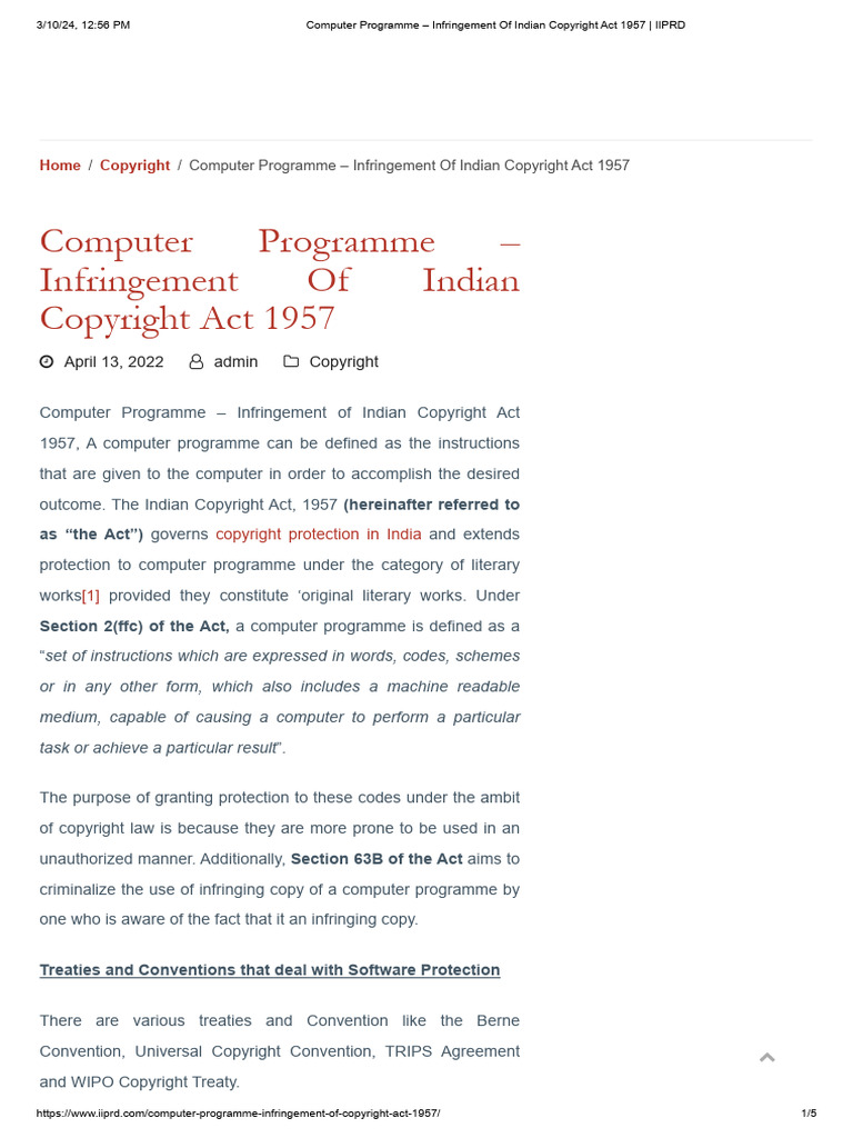 Computer Programme - Infringement of Indian Copyright Act 1957 - IIPRD ...