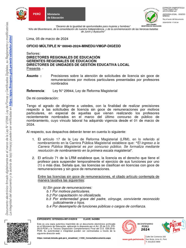 Oficio Multiple 00040 2024 Minedu Vmgp Digedd Pdf Justicia