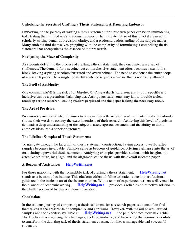 Samples of A Thesis Statement For A Research Paper | PDF | Essays | Thesis