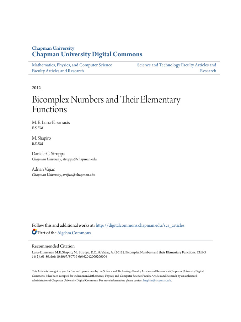Bicomplex Numbers and Their Elementary Functions | PDF | Complex Number | Trigonometric Functions