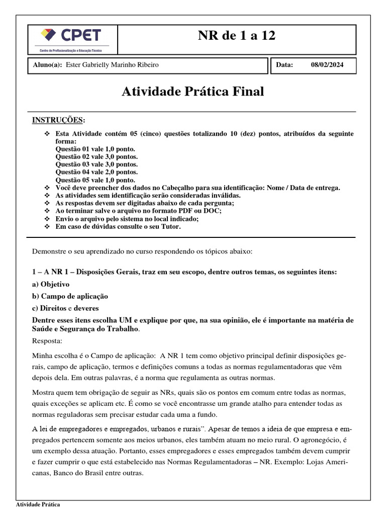 Atividade Prática - NR 1 A 12 ESTER | PDF | Economia