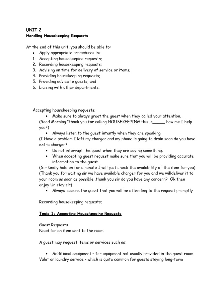 Providing Housekeeping Request UNIT 2 | PDF